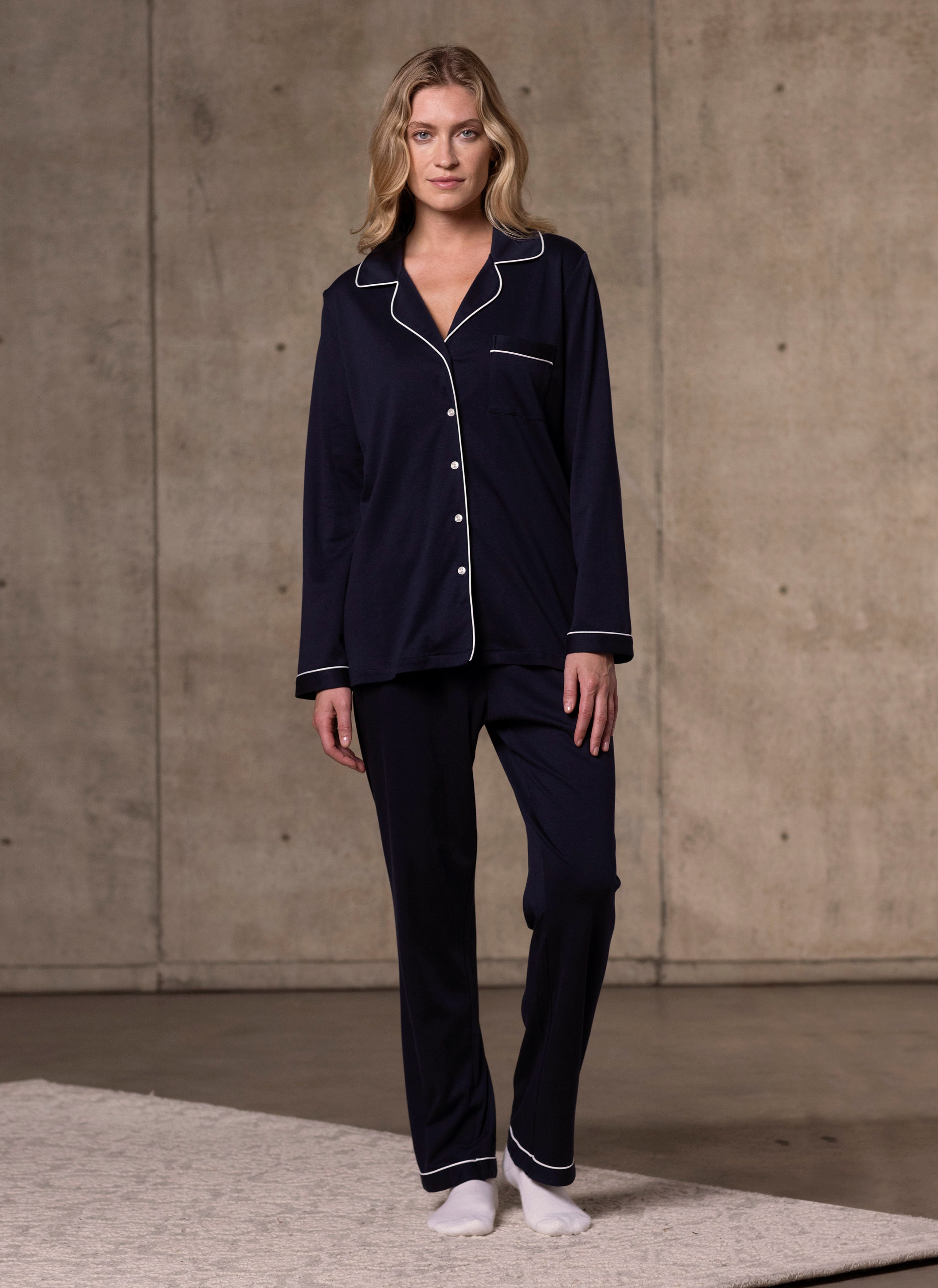 Women's Supima® Cotton Long Sleeve Top and Bottom Pajama Set in Navy ...