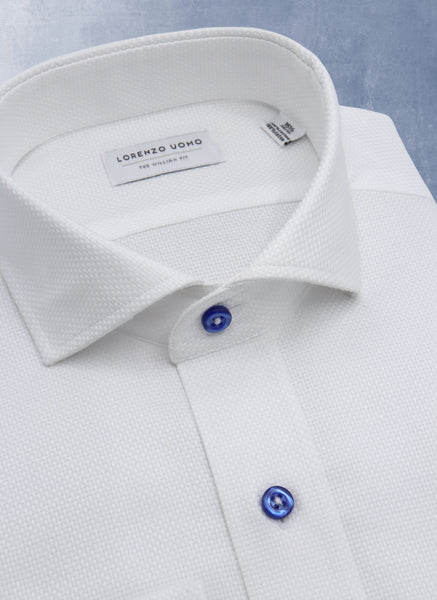 William in White Solid Textured with Contrast Navy Buttons Shirt ...