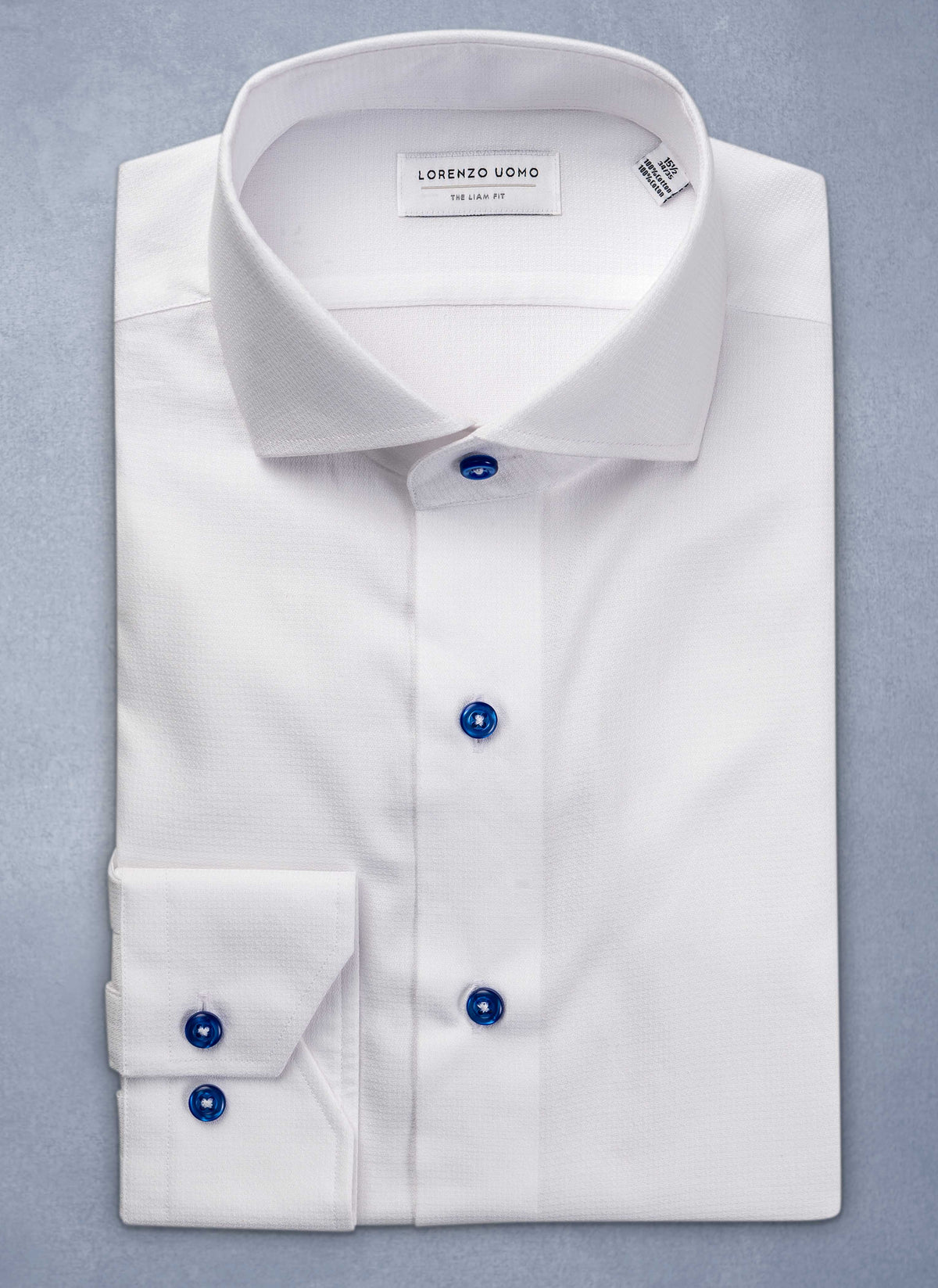 navy blue shirt with white buttons