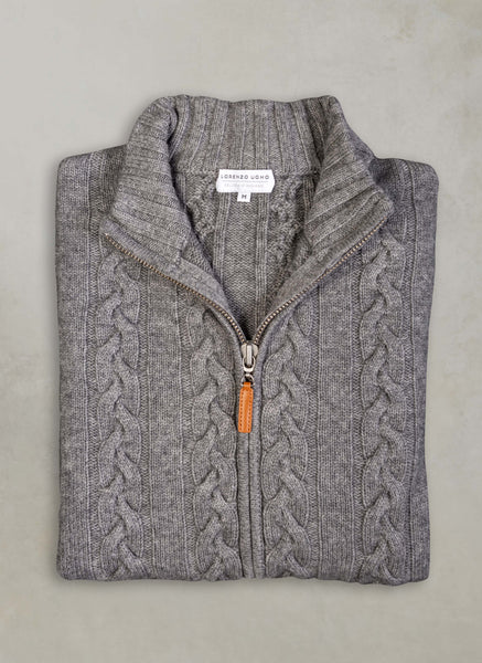 Men's Aspen Cable Full Zip Up Cashmere Sweater in Heather Grey ...
